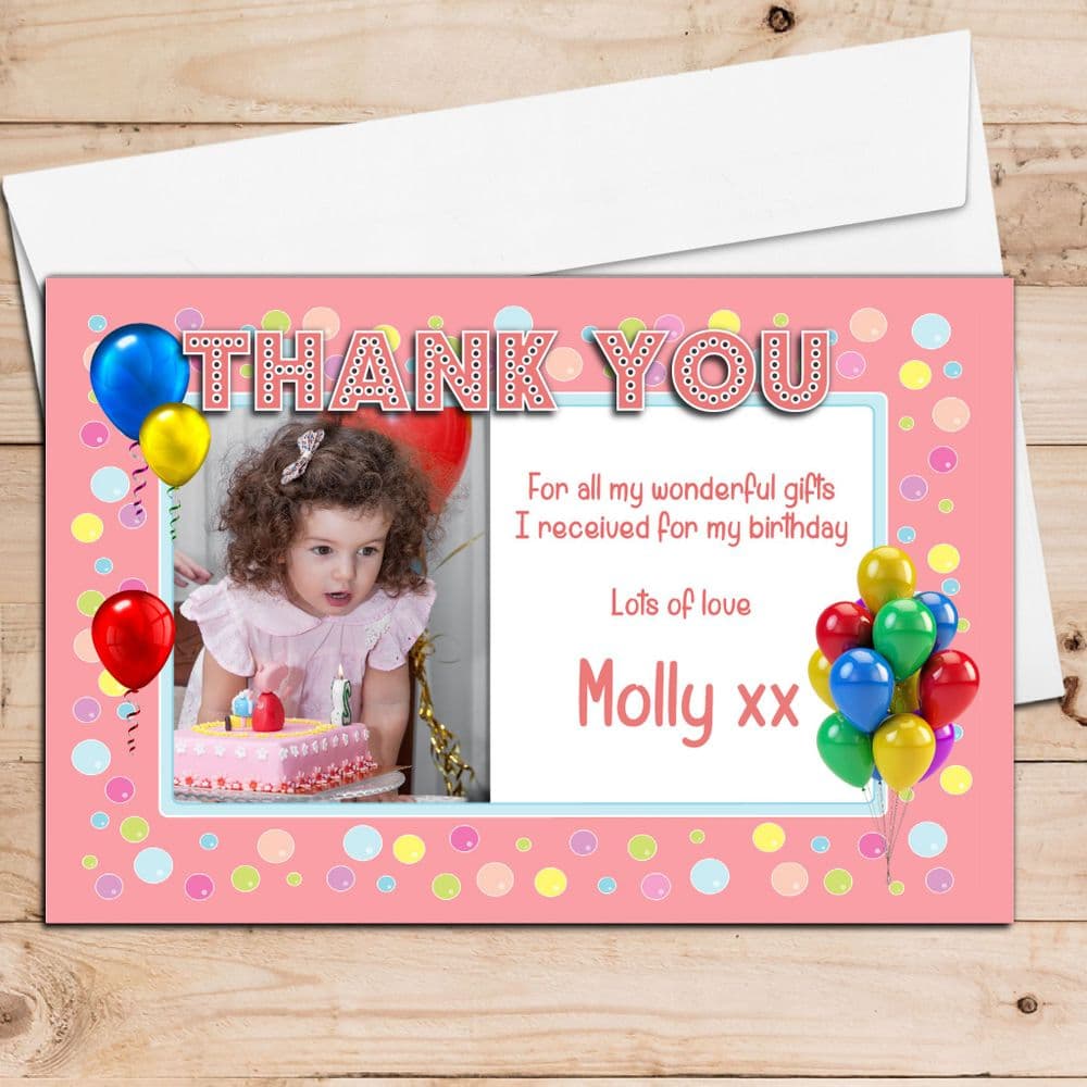 10 Personalised Girls Spotty Balloons Birthday Thank you PHOTO Cards N69