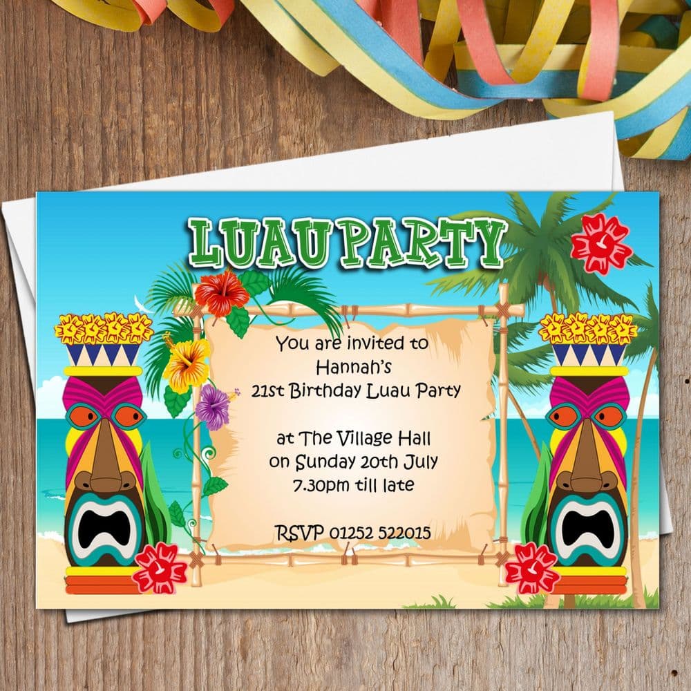 10 Personalised LUAU Hawaii Party Invitations N165