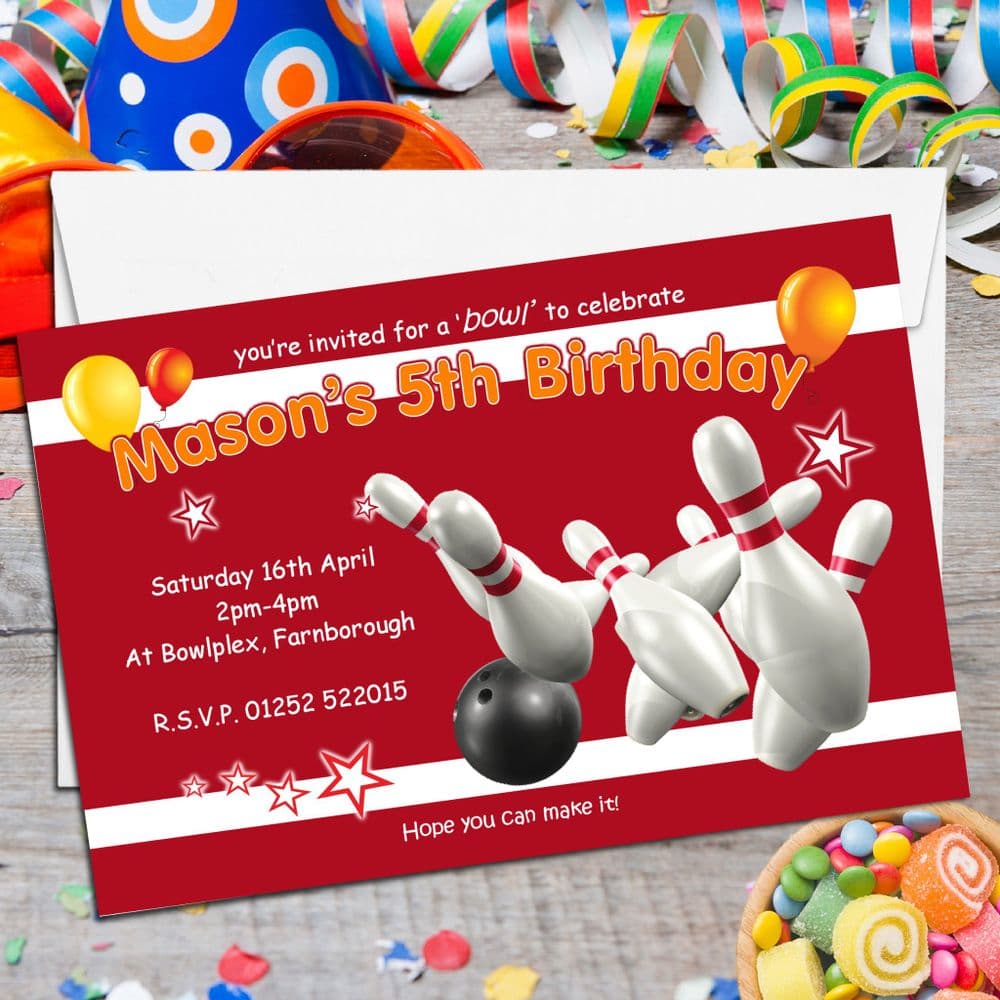 10 Personalised Ten Pin Bowling Birthday Party Invitations N122