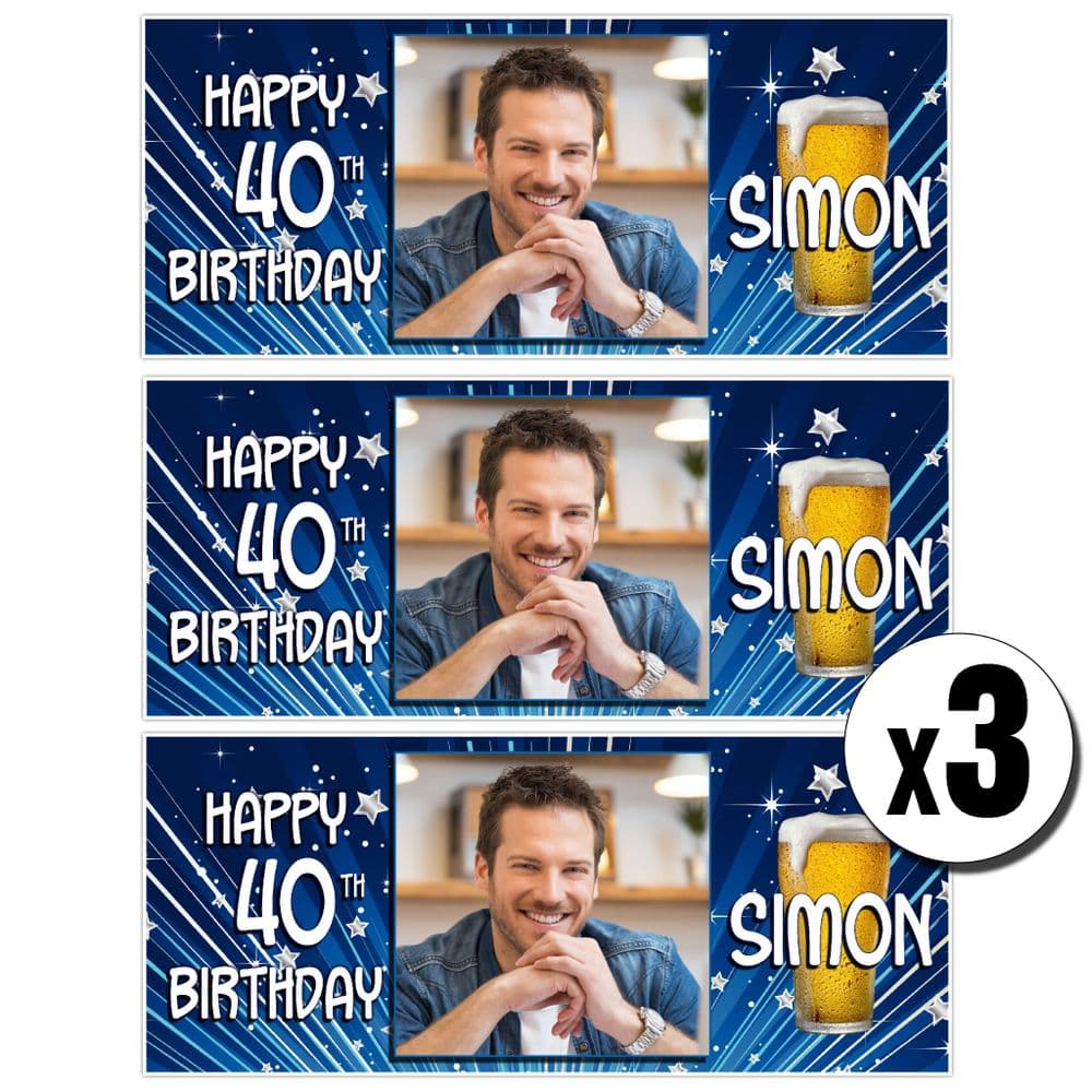 3 x Personalised Lager Beer Birthday Photo Party Banners N26
