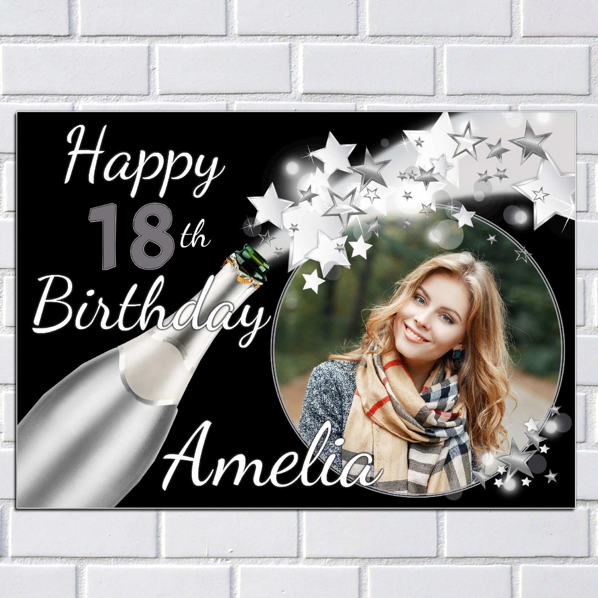 Personalised Black & Silver Glitz Happy Birthday PHOTO Poster Banner N105