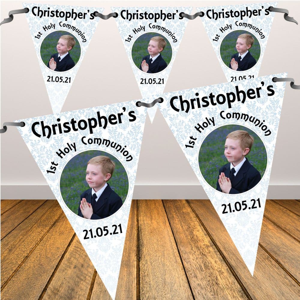 Personalised Boys First Holy Communion Flag PHOTO Bunting Banner - N55