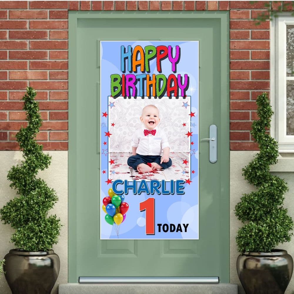 Personalised Happy Birthday Door PHOTO Banner Poster Blue N30 Any Age