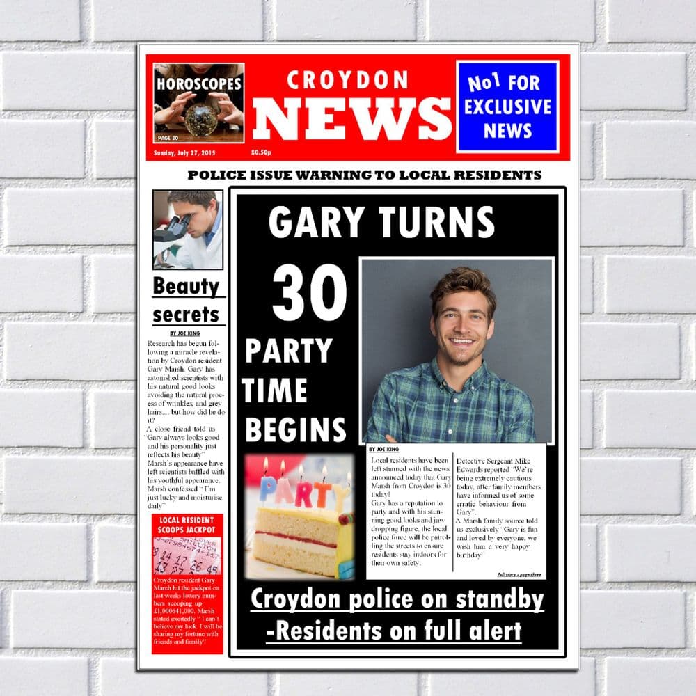 Personalised Joke Spoof Newspaper Happy Birthday Party PHOTO Banner ...