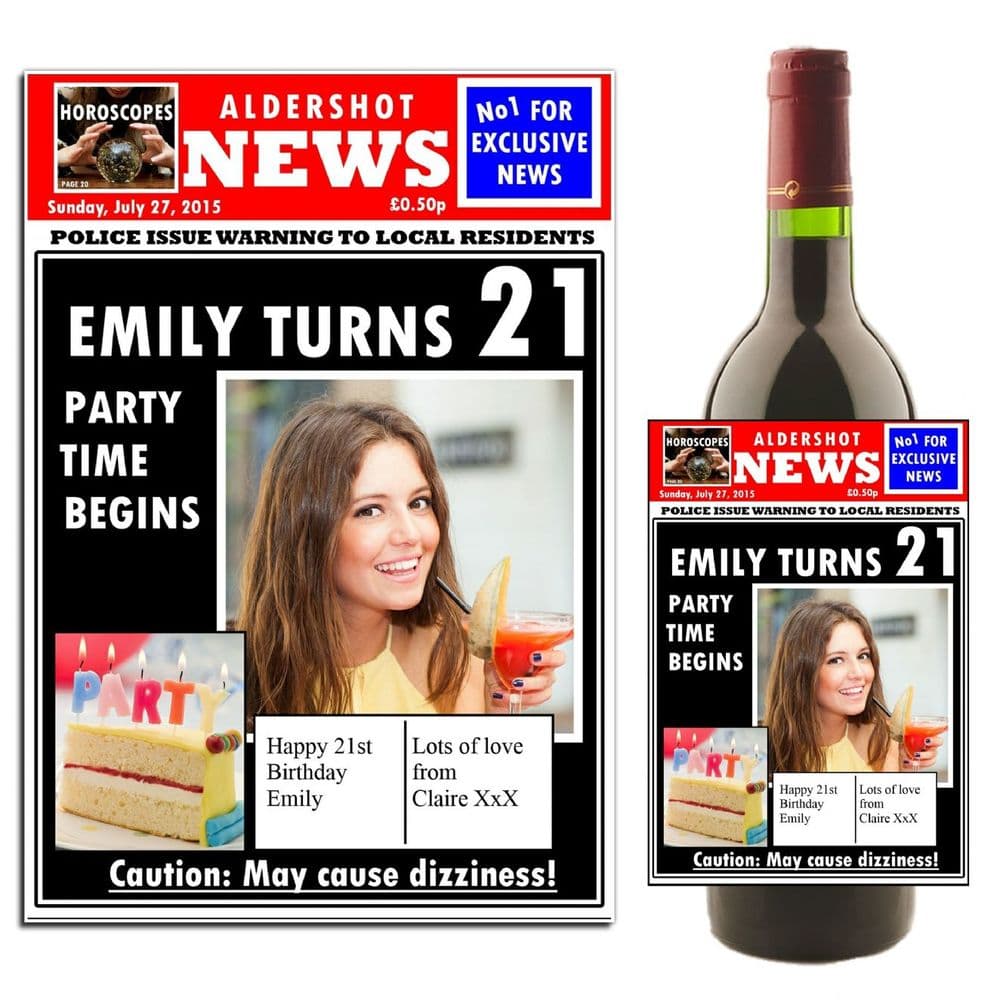 Personalised Spoof Newspaper Happy Birthday Wine / Champagne Bottle ...