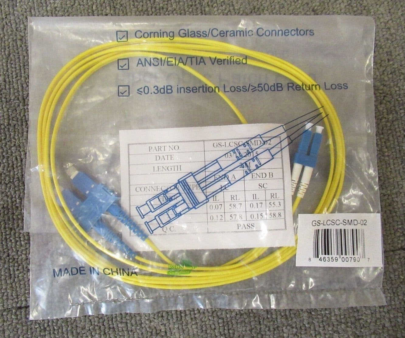 2 x New OS2 Duplex Single Mode Duplex LC To SC 9/125 Yellow 2M Fiber ...