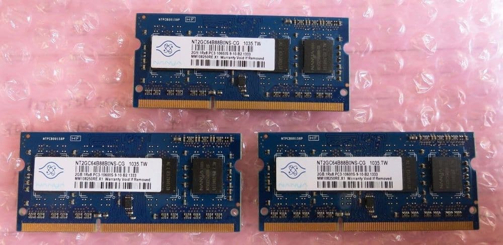 3 x Nanya NT2GC64B88B0NS-CG 2GB PC3-10600 DDR3-1333MHz 204-Pin Laptop Memory