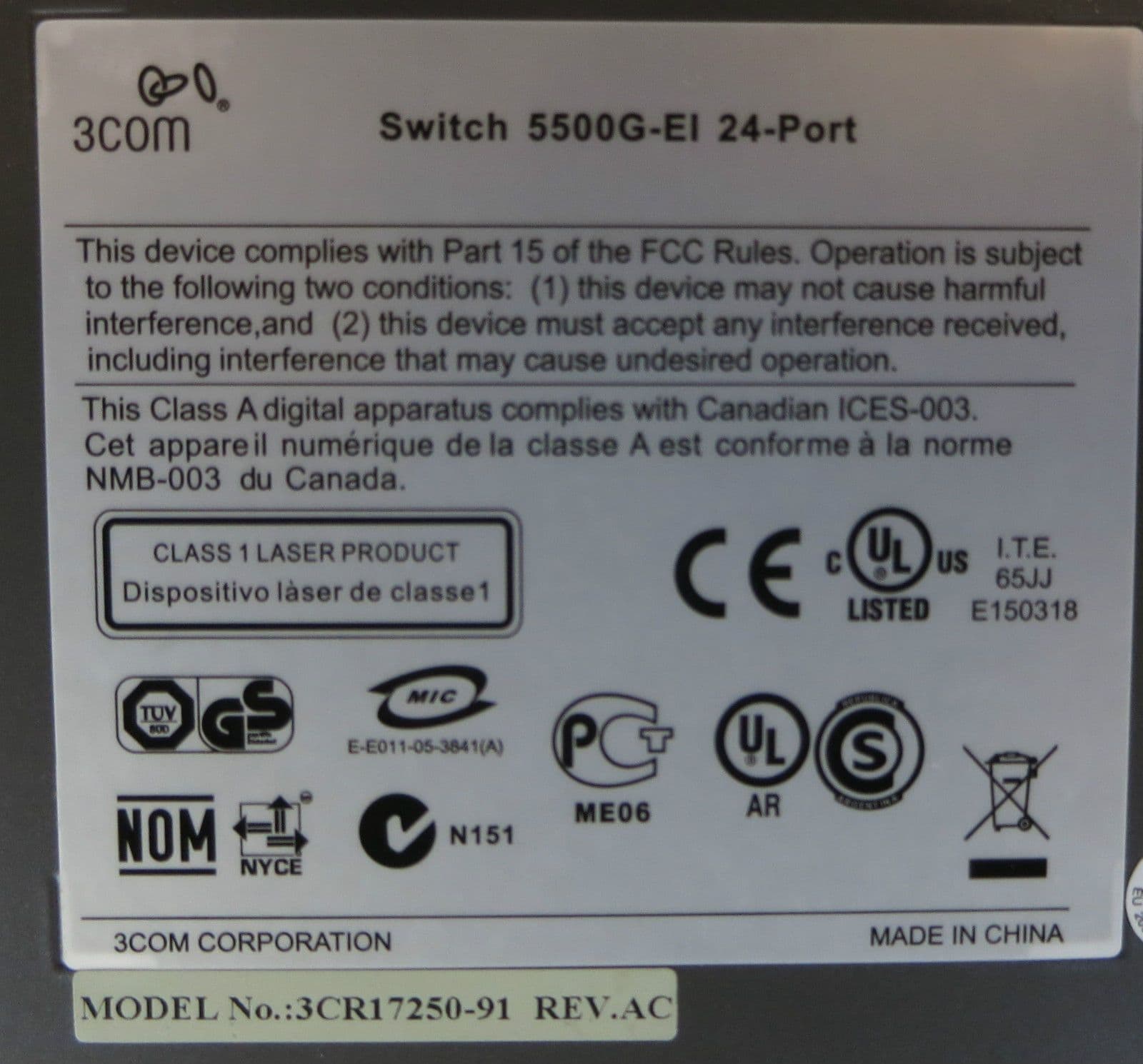 3Com Superstack 4 24-Port 5500G-EI Switch 3CR17254-91 24 Port 3COM 3CR17254-91
