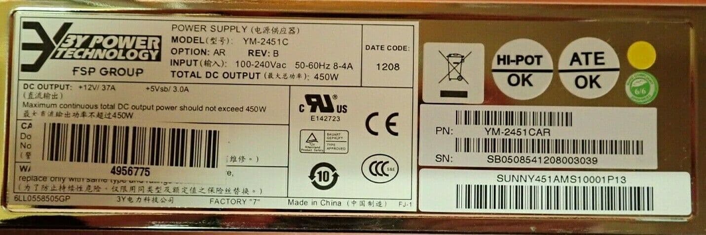3Y Power Tech Citrix Netscaler MPX 10500 450W Power Supply PSU YM-2451CAR