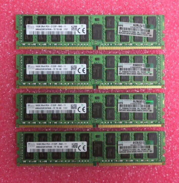 4x HP 16GB 2Rx4 DDR4-2133 PC4-17000 REG ECC Server Memory 774172-001 ...