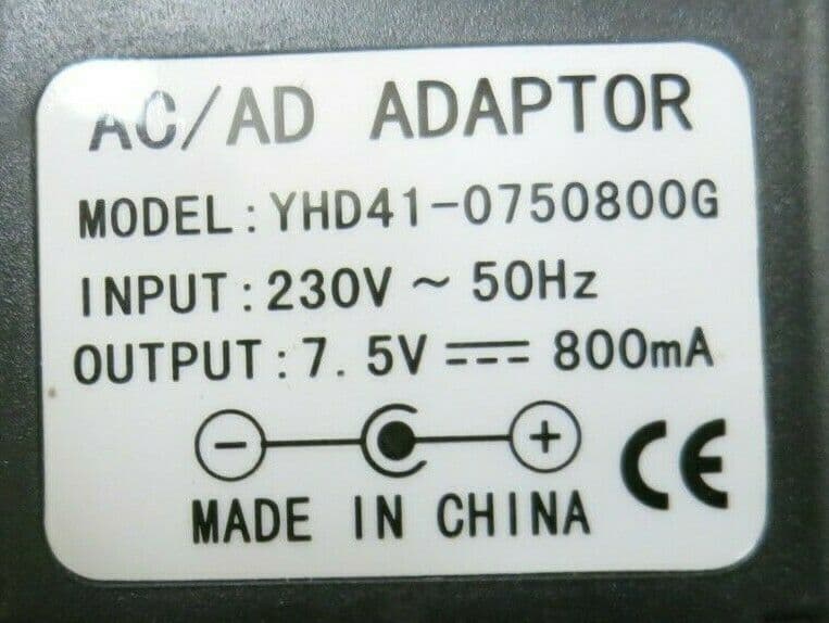 AC / DC Power Adapter UK Plug 6W 7 5V 800mA - Model YHD41-0750800G