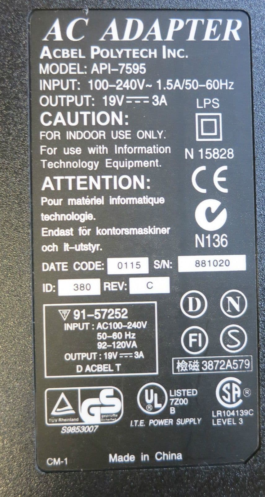 AcBel Polytech API-7595 Laptop AC Power Adapter 19V 3A for Toshiba 45W ...