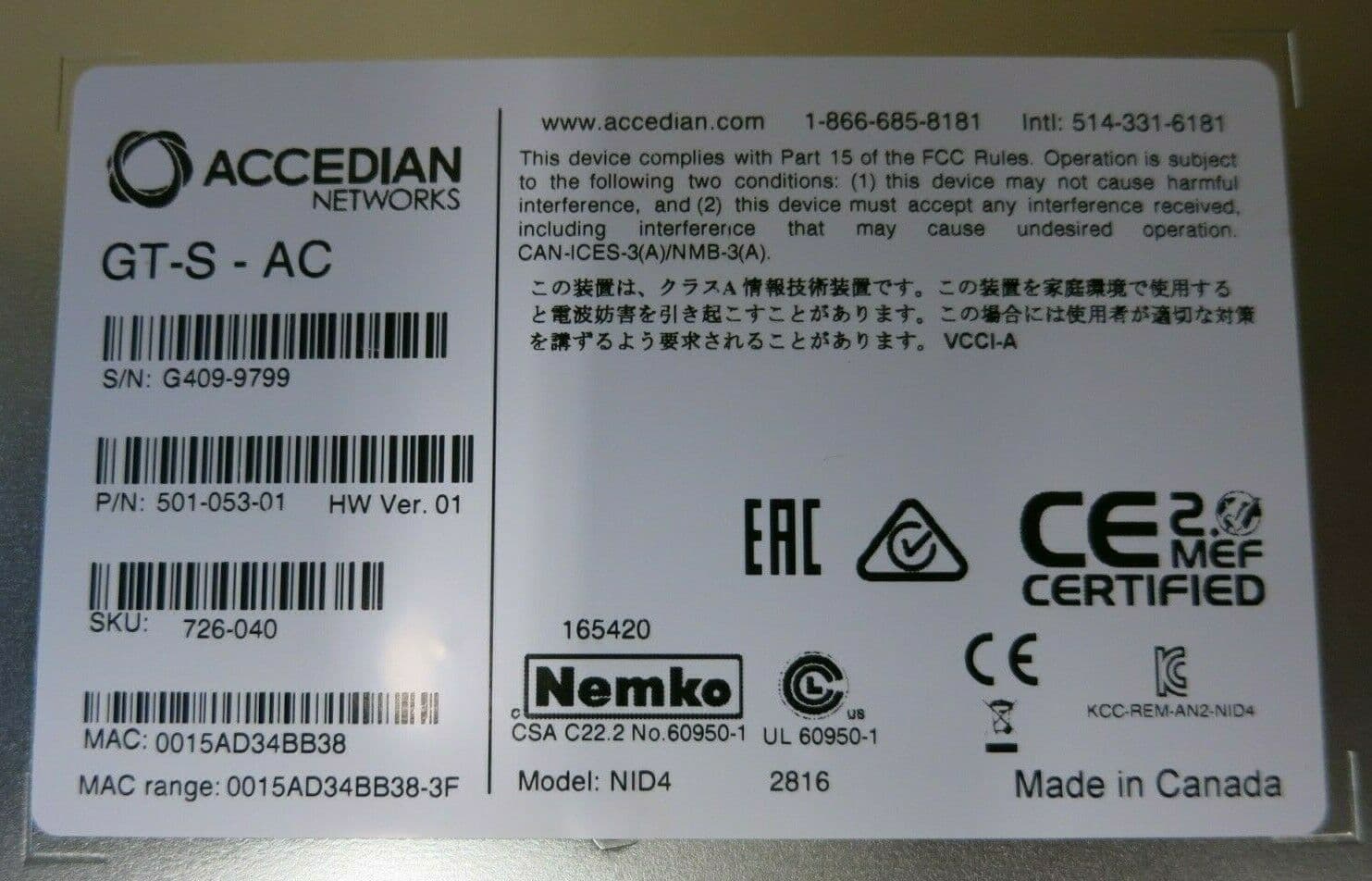 Accedian Networks 501 053 01 Gt S Ac Metronid Network Performance Element