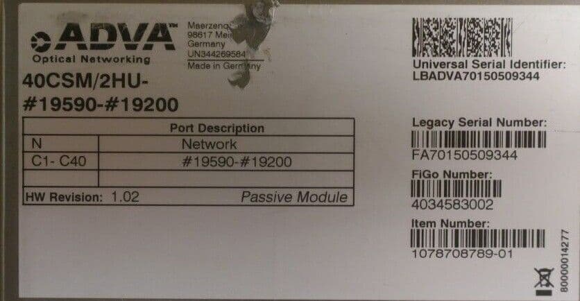 ADVA Optical Networking 40-Port MUX/DMX Channel Splitter 40CSM/1HU ...