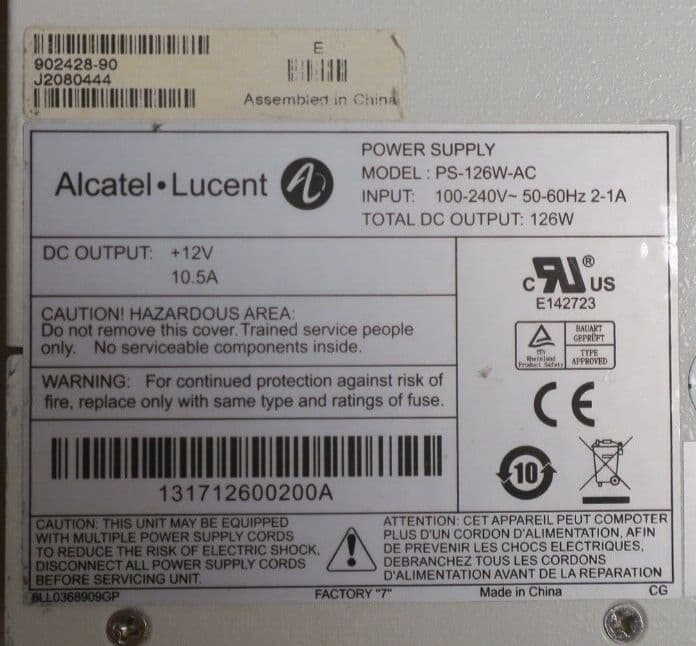 Alcatel-Lucent OmniSwitch 6850 Series Non-PoE 126W Power Supply PSU 902428-90
