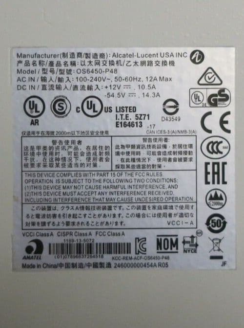 Alcatel-Lucent OmniSwitch OS6450-P48 48x 1GbE RJ45 PoE & 2x 10Gb SFP 1U ...