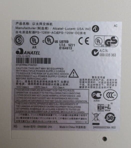 Alcatel-Lucent OmniSwitch OS6850E-24X 20x 1G Base-T 4x Combo Port 2x SFP Switch