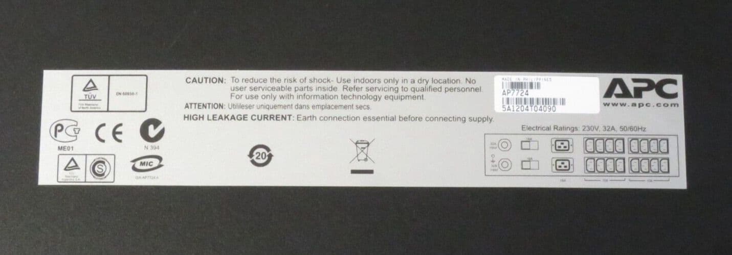 APC AP7724 2U ATS Automatic Transfer Switch Rack Mount PDU 230V 32A ...