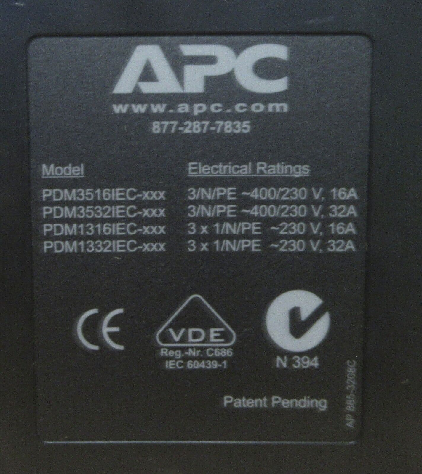 APC PDM1332IEC-3P-3 Power Distribution Module 3x1Pole 3Wire 32A 6 6M 7 2M 7 8M