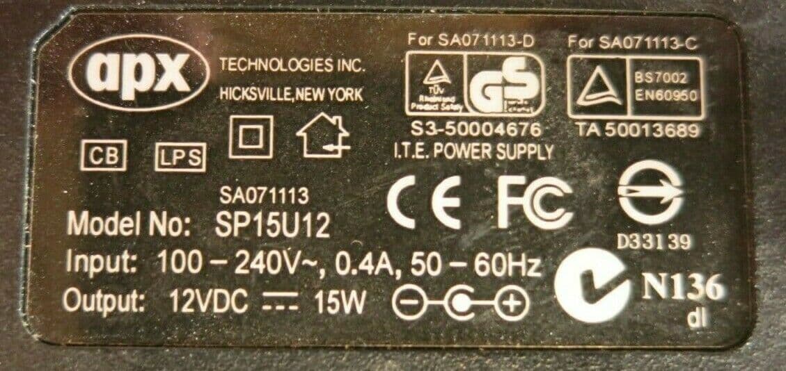 APX Technologies SP15U12 UK 3 Pin Plug AC Power Adapter 15W 12V 1 2A