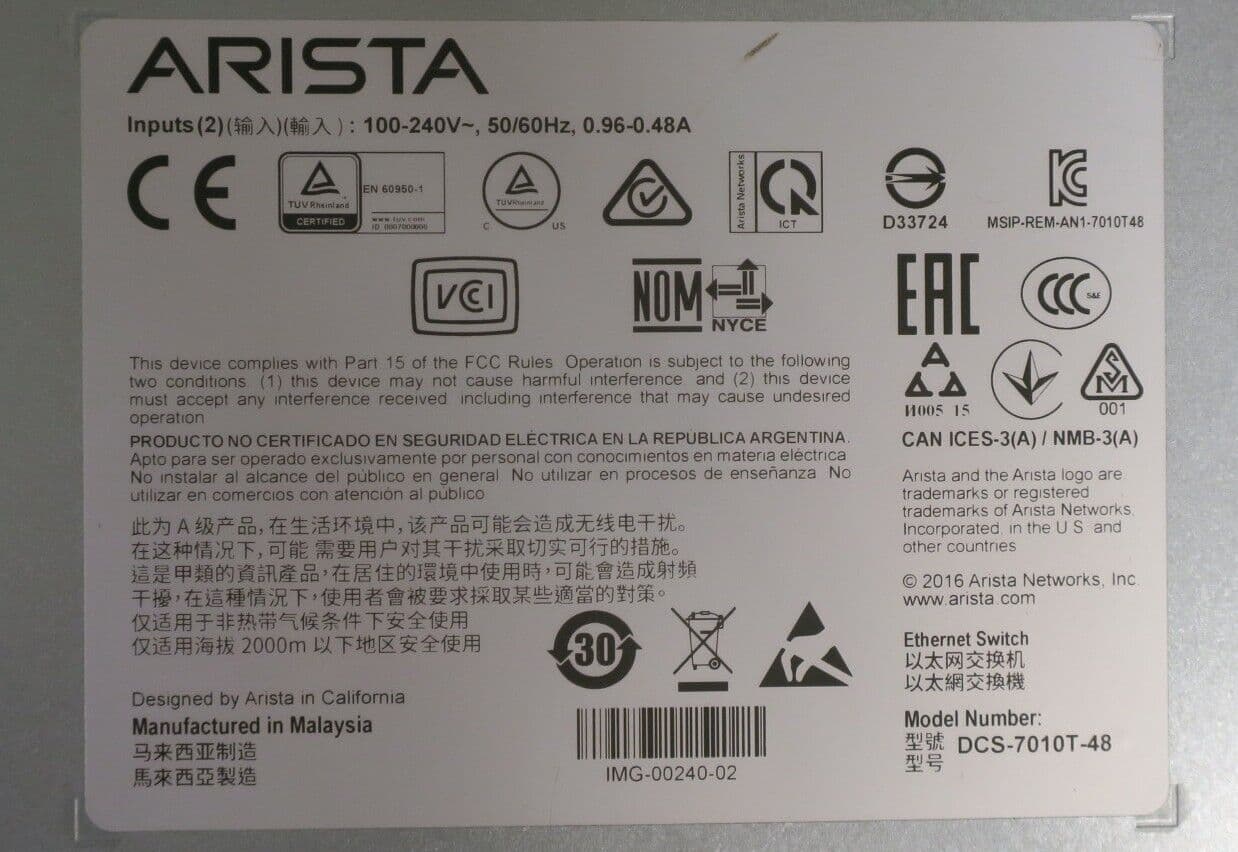 Arista 7010T-48 48x 1GbE RJ45 4x 1/10GbE SFP L3 1U Switch DCS-7010T-48-R