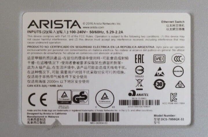 Arista DCS-7050QX-32 7050QX-32 32x QSFP 40GbE Port L3 Ethernet Switch ...