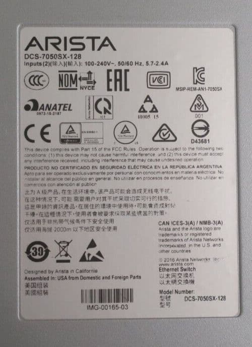 Arista DCS-7050SX-128 96x 1/10GbE SFP 8x 40GbE QSFP Port 2U Switch 2x PSU