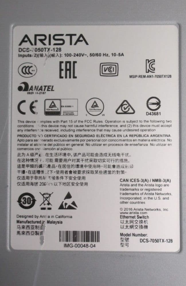 Arista DCS-7050TX-128 96x 1/10GBase-T 8x 40GbE QSFP Port 2U Switch 2x PSU