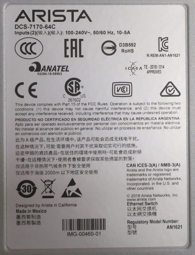 Arista DCS-7170-64C 64x 100GbE QSFP 2x 10G SFP L2/L3 Managed Switch ...