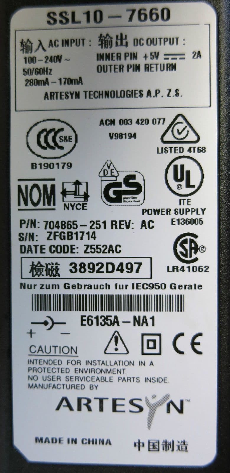 Artesyn 704865-251 SSL10-7660 AC Power Adapter / Charger 10 Watt 5 ...