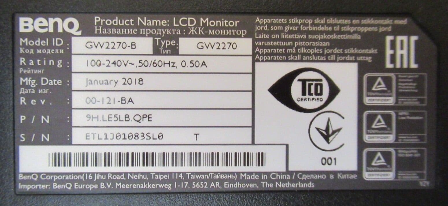 BenQ GW2270-B GW2270 21 5" LCD TFT LED HD Widescreen Monitor VGA DVI-D