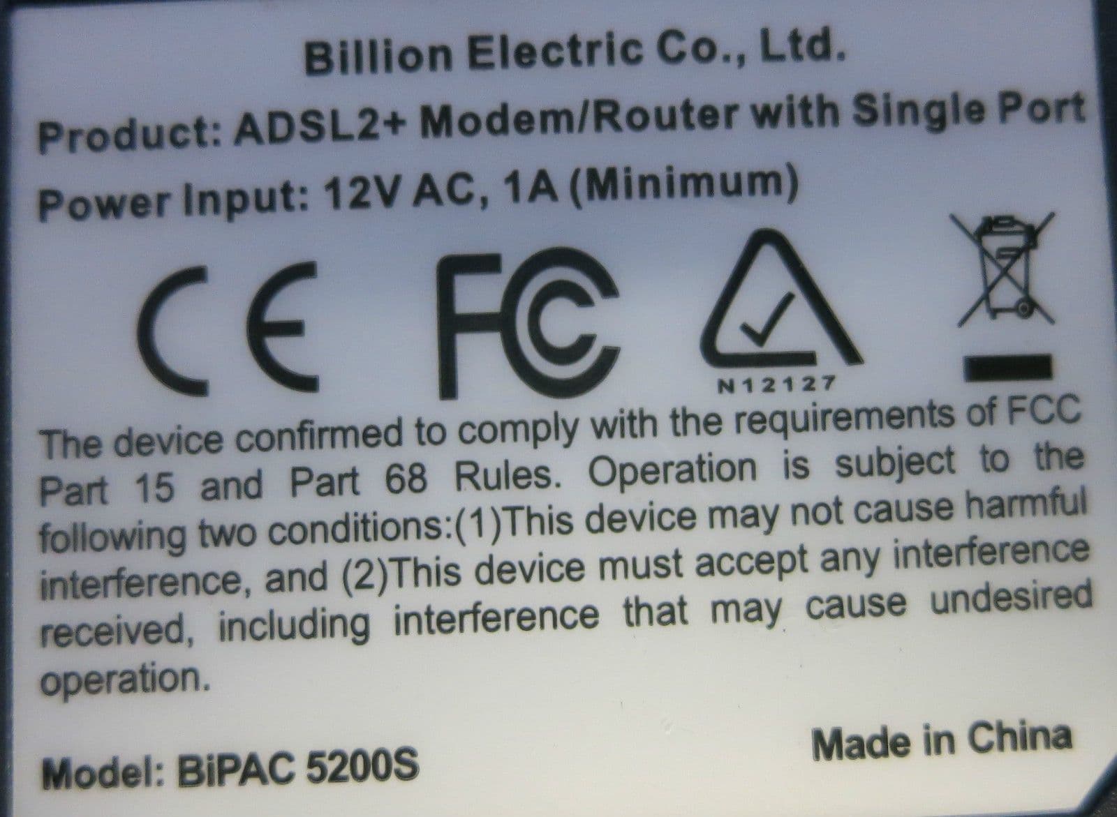 Billion BiPAC 5200 RC ADSL2 Firewall Modem/Router And AC Adapter Included