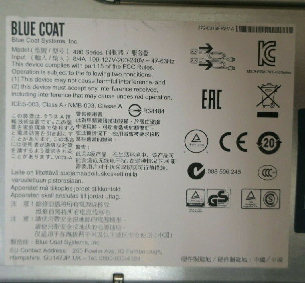 Blue Coat Proxy Edition S400 Appliance SG-S400-30-PR 090-03080 Web Security
