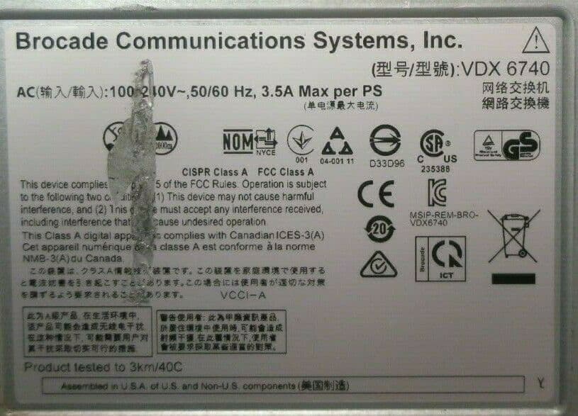 Brocade VDX 6740 BR-VDX6740-24-F 48x 10Gb Ethernet SFP 4x 40Gb QSFP Switch