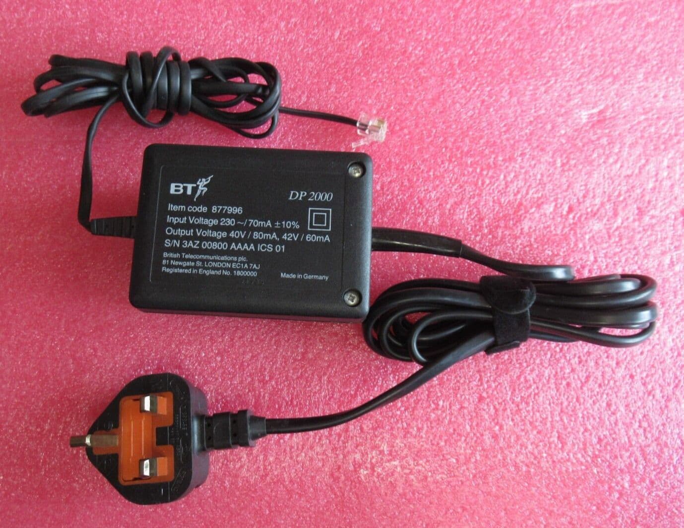 BT 877996 DP2000 UK Plug AC Adapter Input 230V 70mA Output 40V/80mA 42V ...