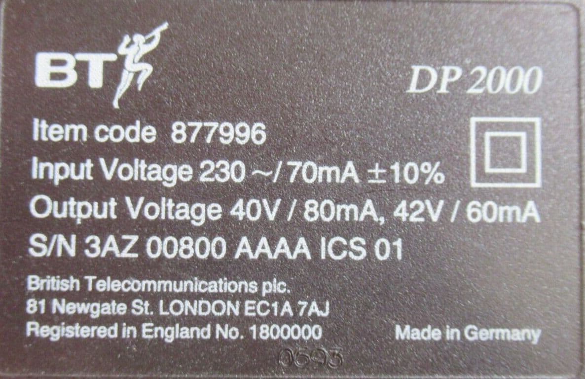 BT 877996 DP2000 UK Plug AC Adapter Input 230V 70mA Output 40V/80mA 42V ...