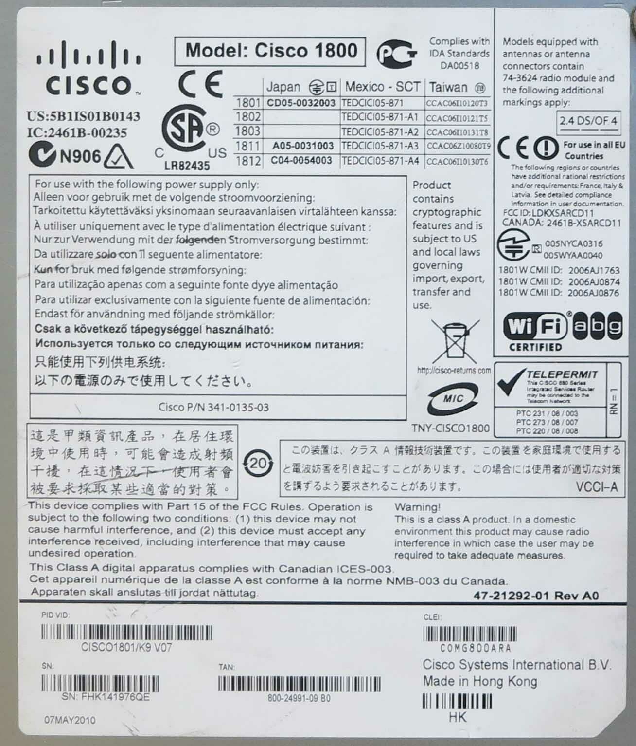 Cisco 1801/K9 1800 Series 8x 100Mb Ports ISR Integrated Services Router ...