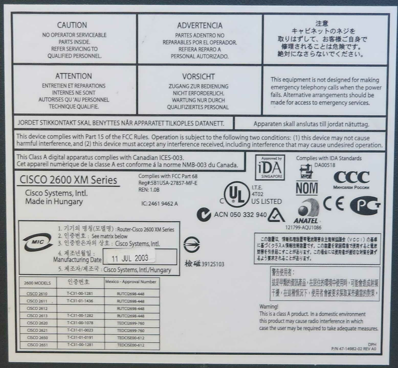 Cisco 2621XM Ethernet Router 10/100MB 2600 Series Wired 240V 1U Rackmount
