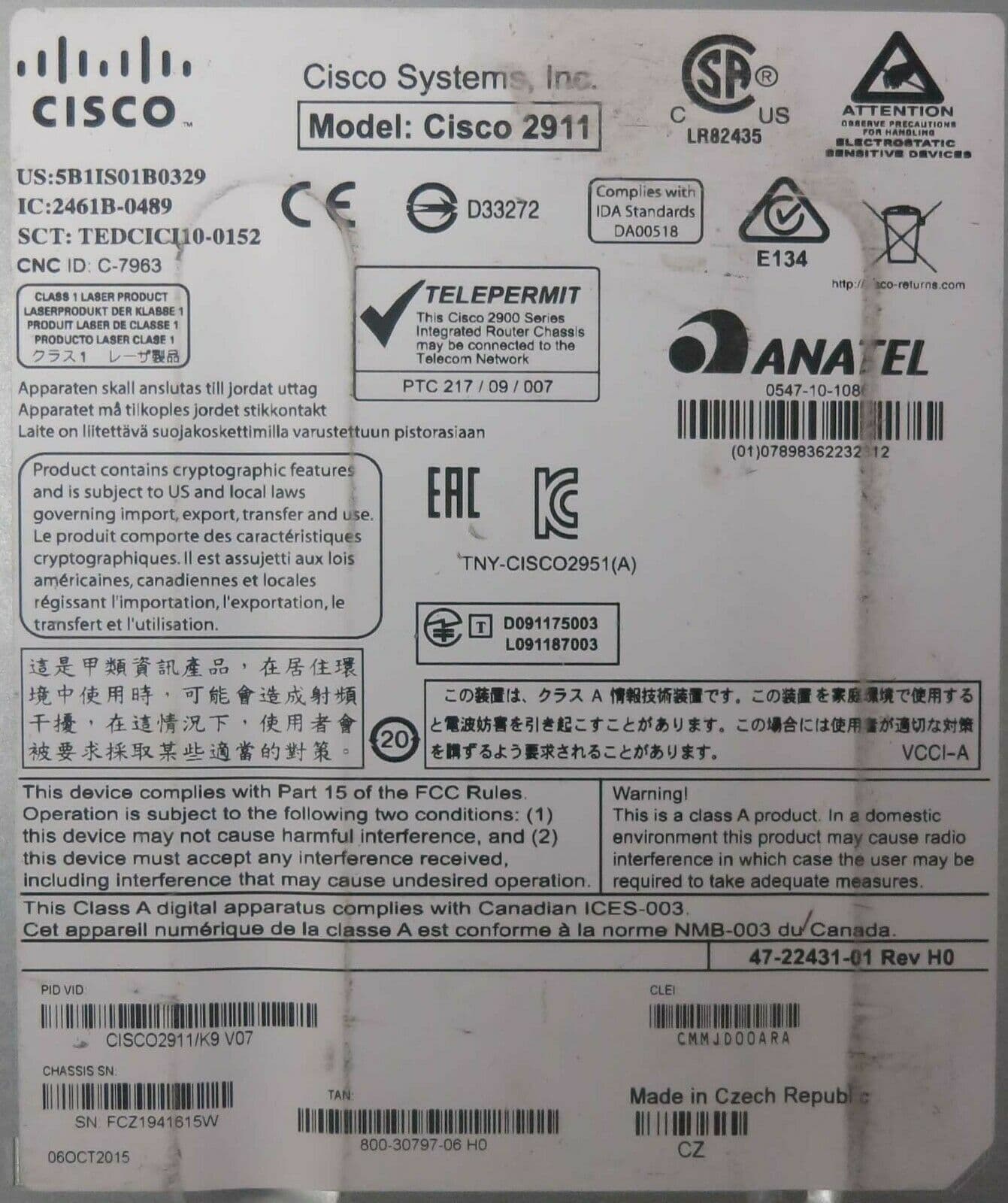 Cisco 2900 CISCO2911/K9 Integrated Services Router 2U 3x GbE Ports ...