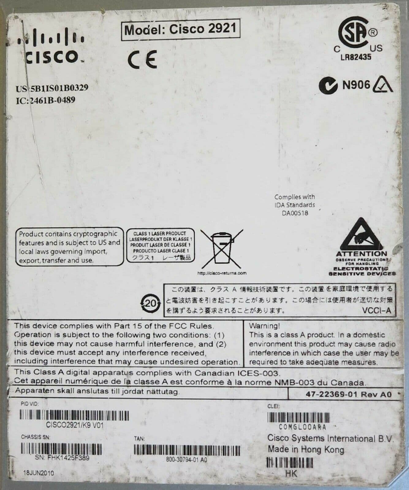CISCO 2921-V/K9 ISR G2 Integrated Services Router Gateway VWIC2-2MFT-T1/E1