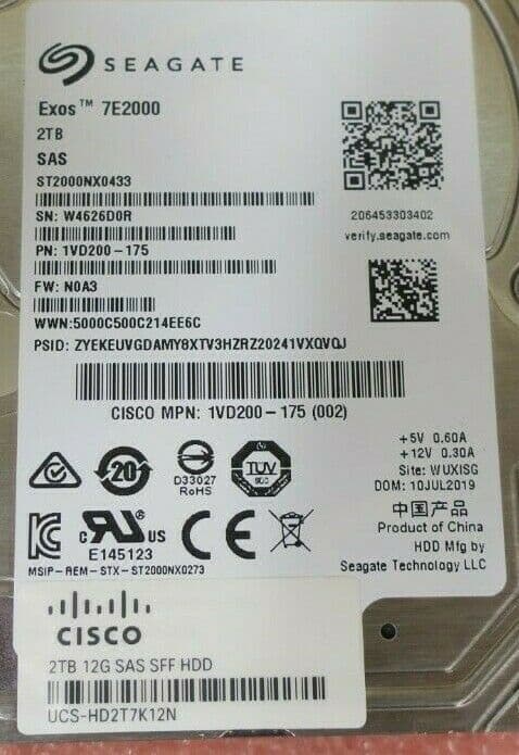 Cisco 2TB 7 2k 12G 2 5" SAS Hard Drive HDD 1VD200-175 UCS-HD2T7K12N For ...