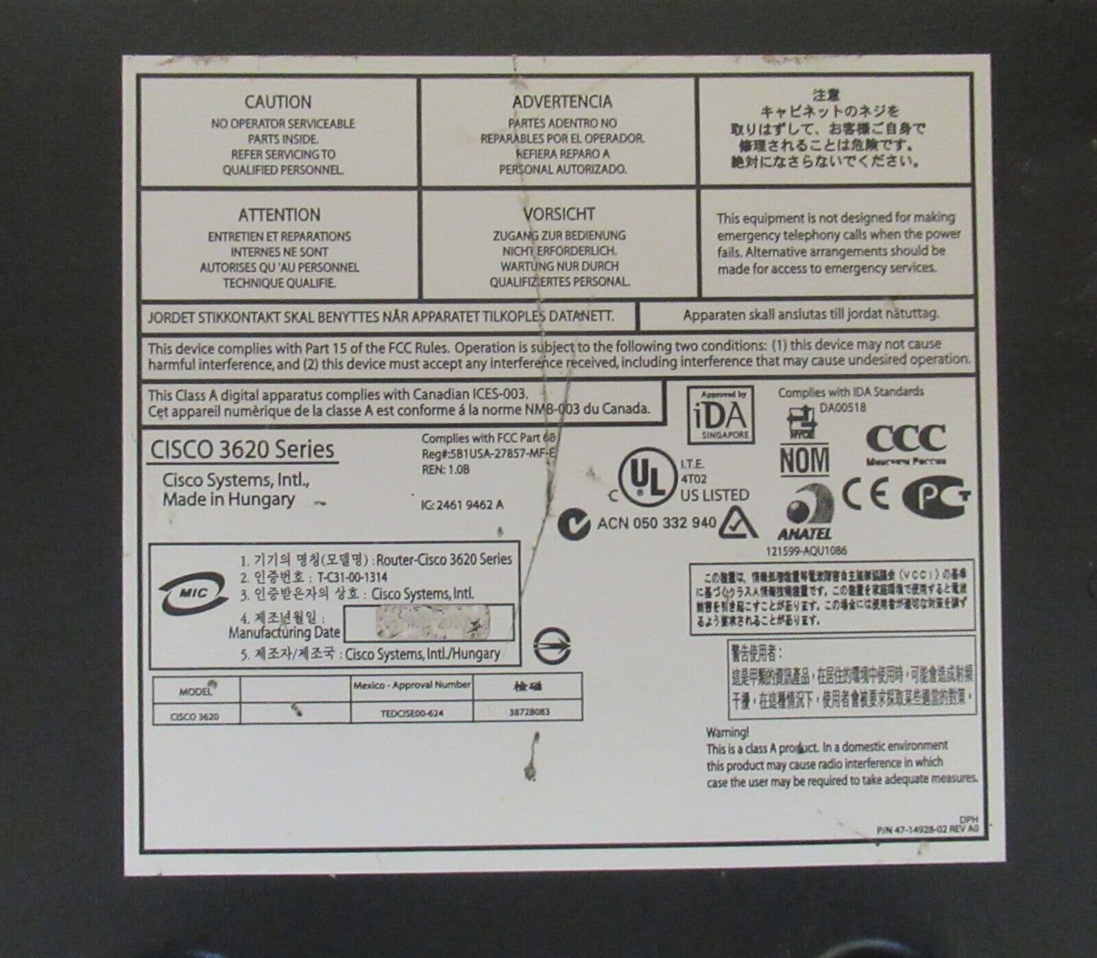 Cisco 3600 Series 3620 2-Slot Modular Access LAN WAN Router - 47-14928-02