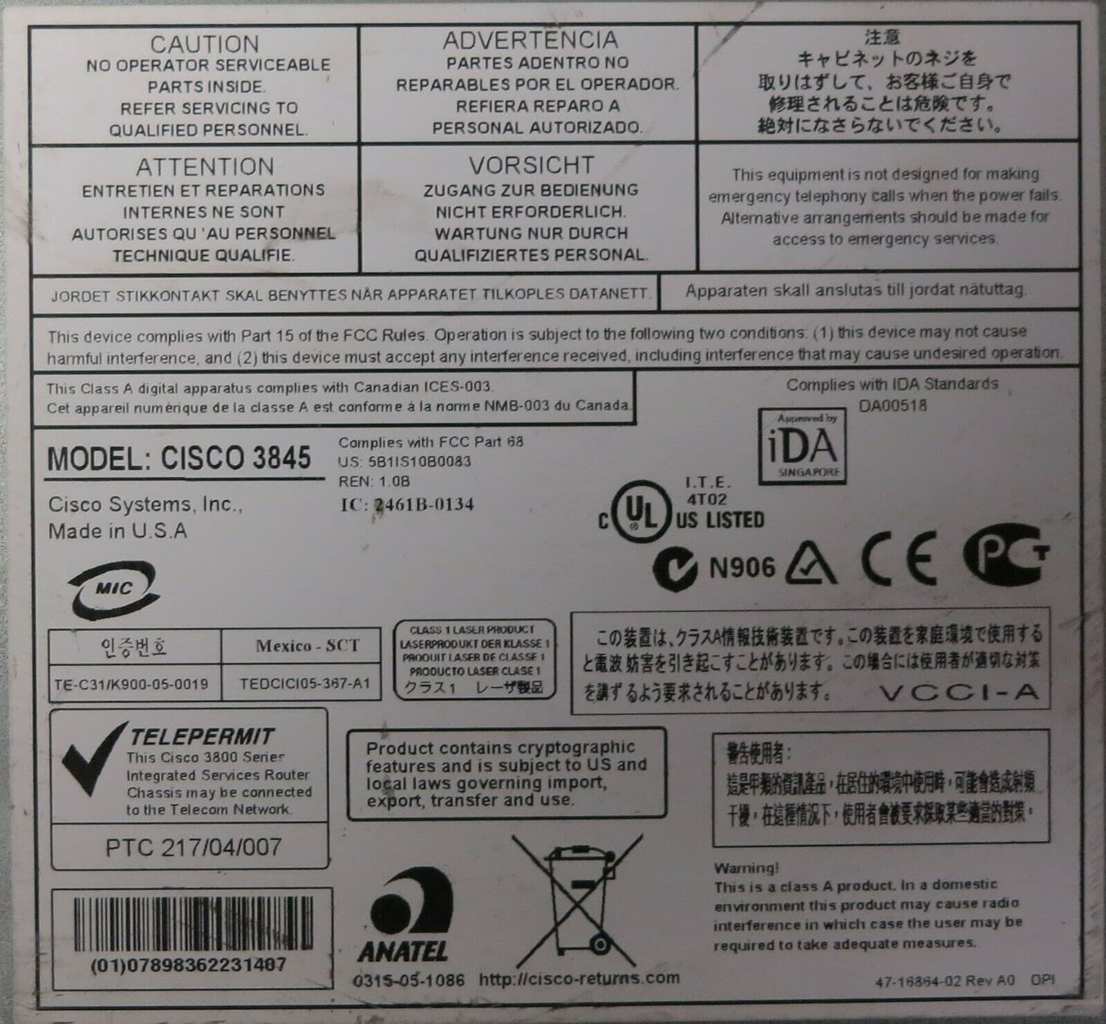 Cisco 3845 CISCO3845 Integrated Services Router 3U ISR HWIC-4T1/E1 VIC2 ...
