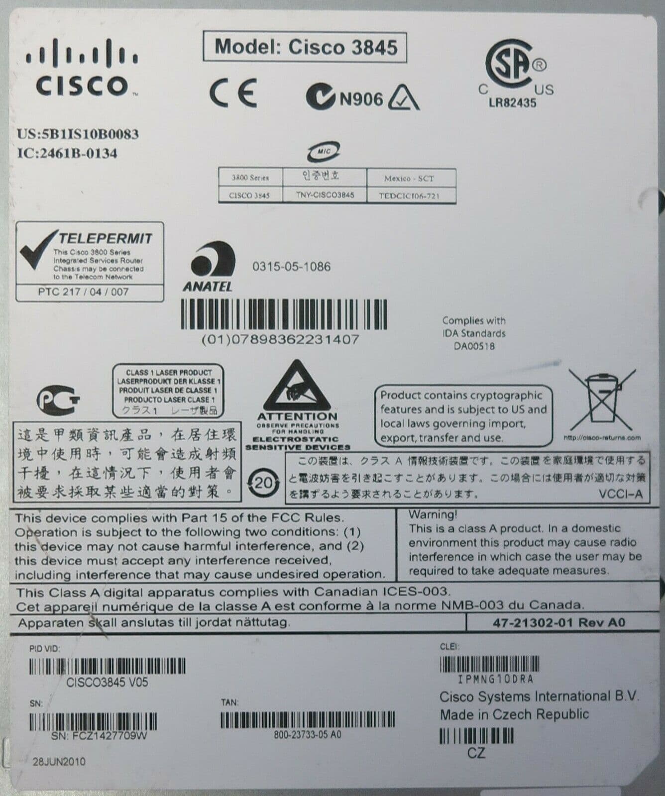 Cisco 3845 CISCO3845 Integrated Services Router 3U ISR VIC2-4FXO 2FE2W ...