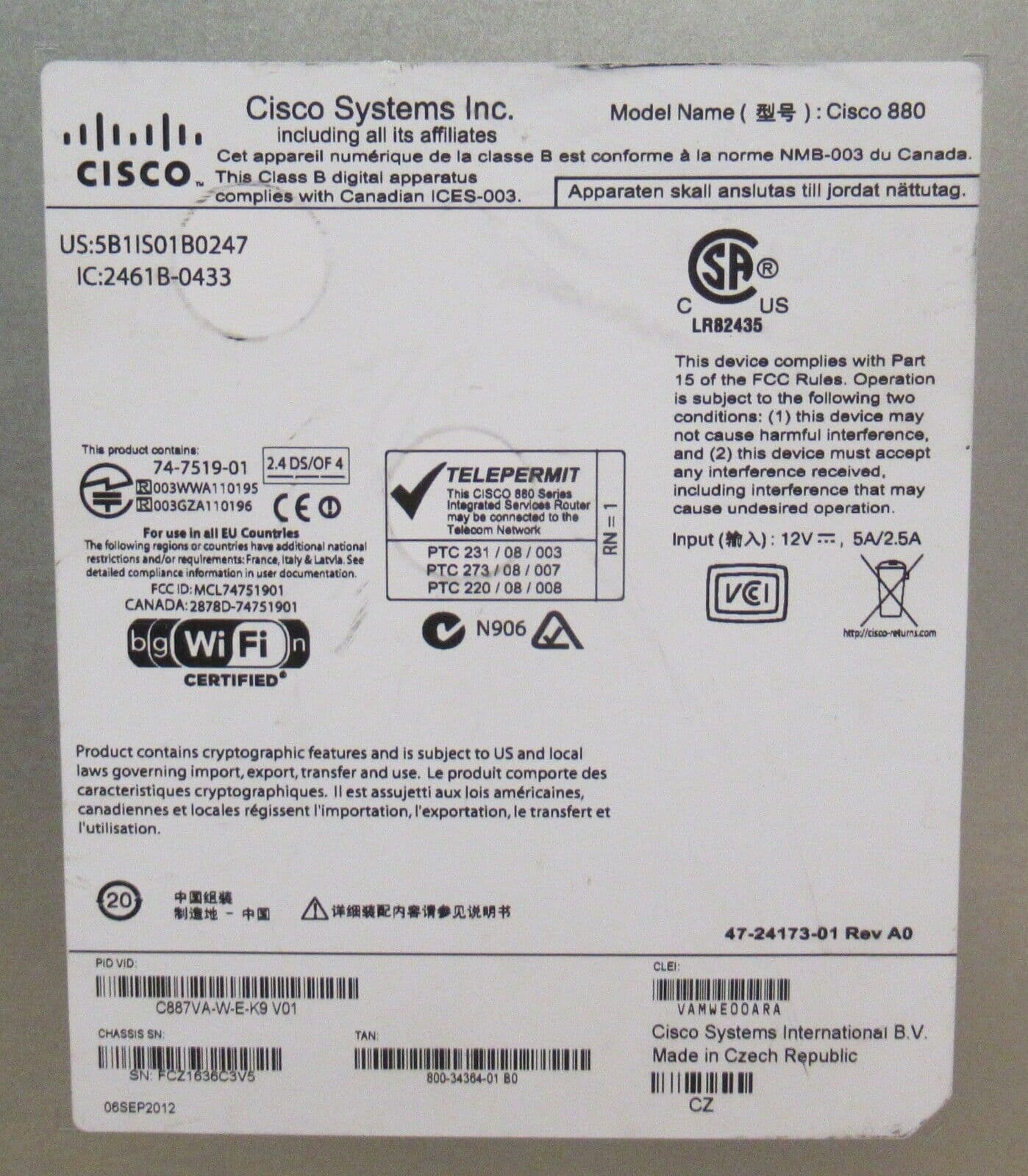 Cisco 800 Series C887VA-W-E-K9 880VAW ISR Integrated Services Router 1U