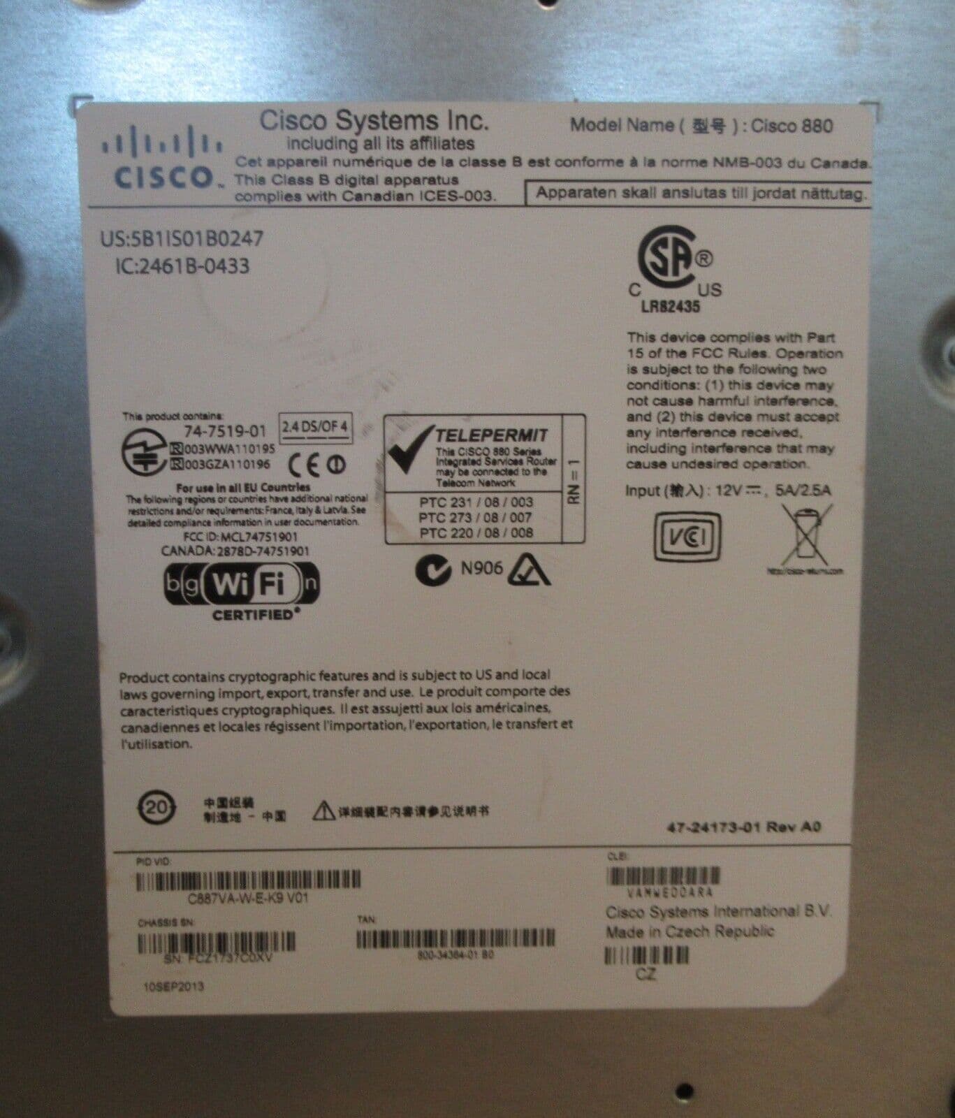 Cisco 800 Series C887VA-W-E-K9 880VAW ISR Integrated Services Router 1U ...