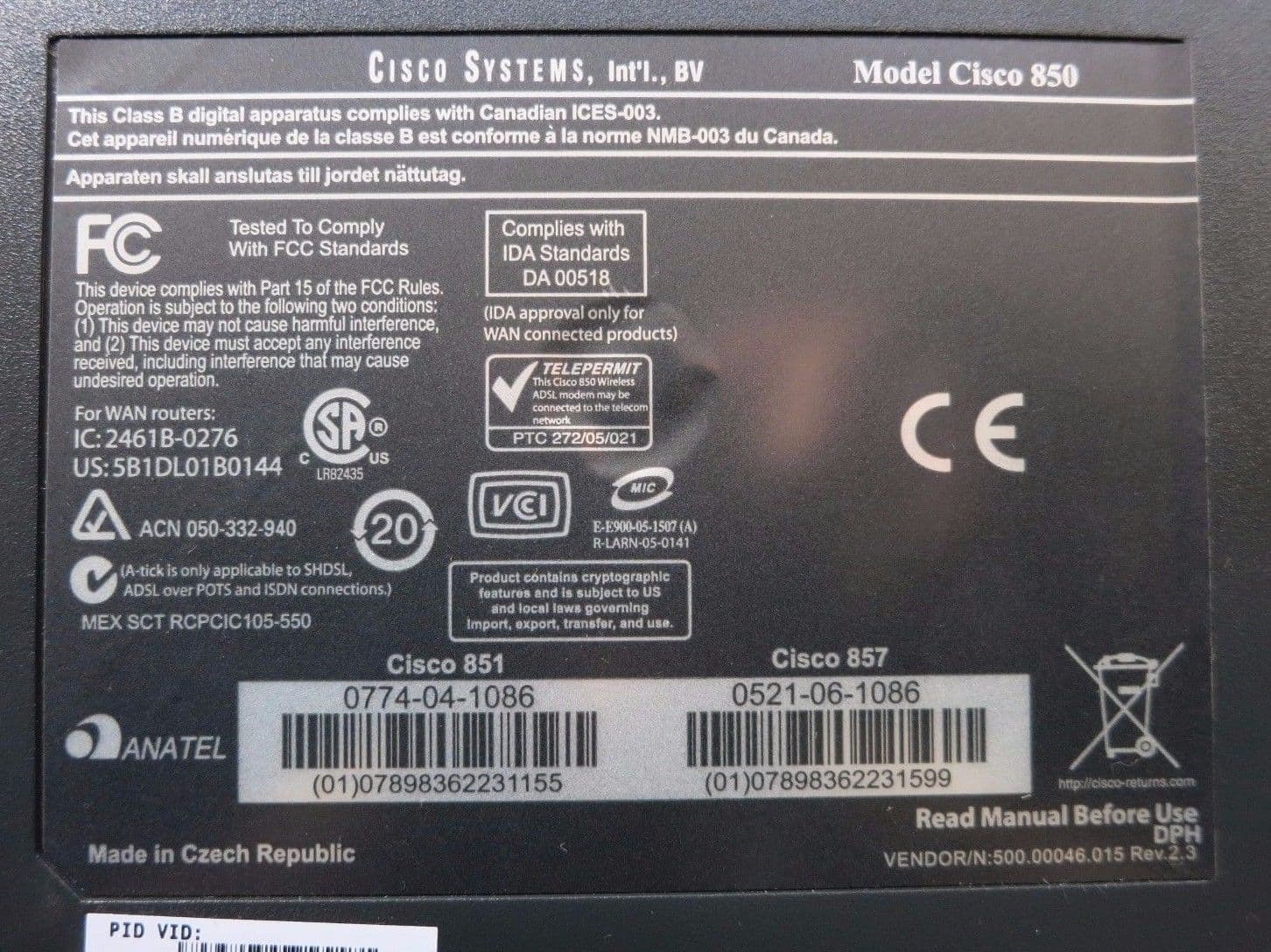 Cisco 850 Series Cisco 857 Integrated Service Router With AC Adapter