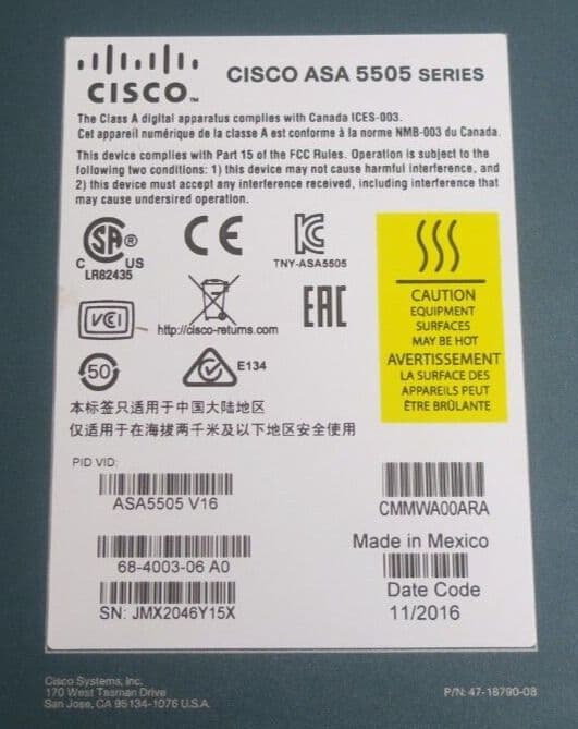 Cisco ASA 5505 Adaptive Security Appliance 8x FE RJ45 W/ 2 PoE ASA5505 ...