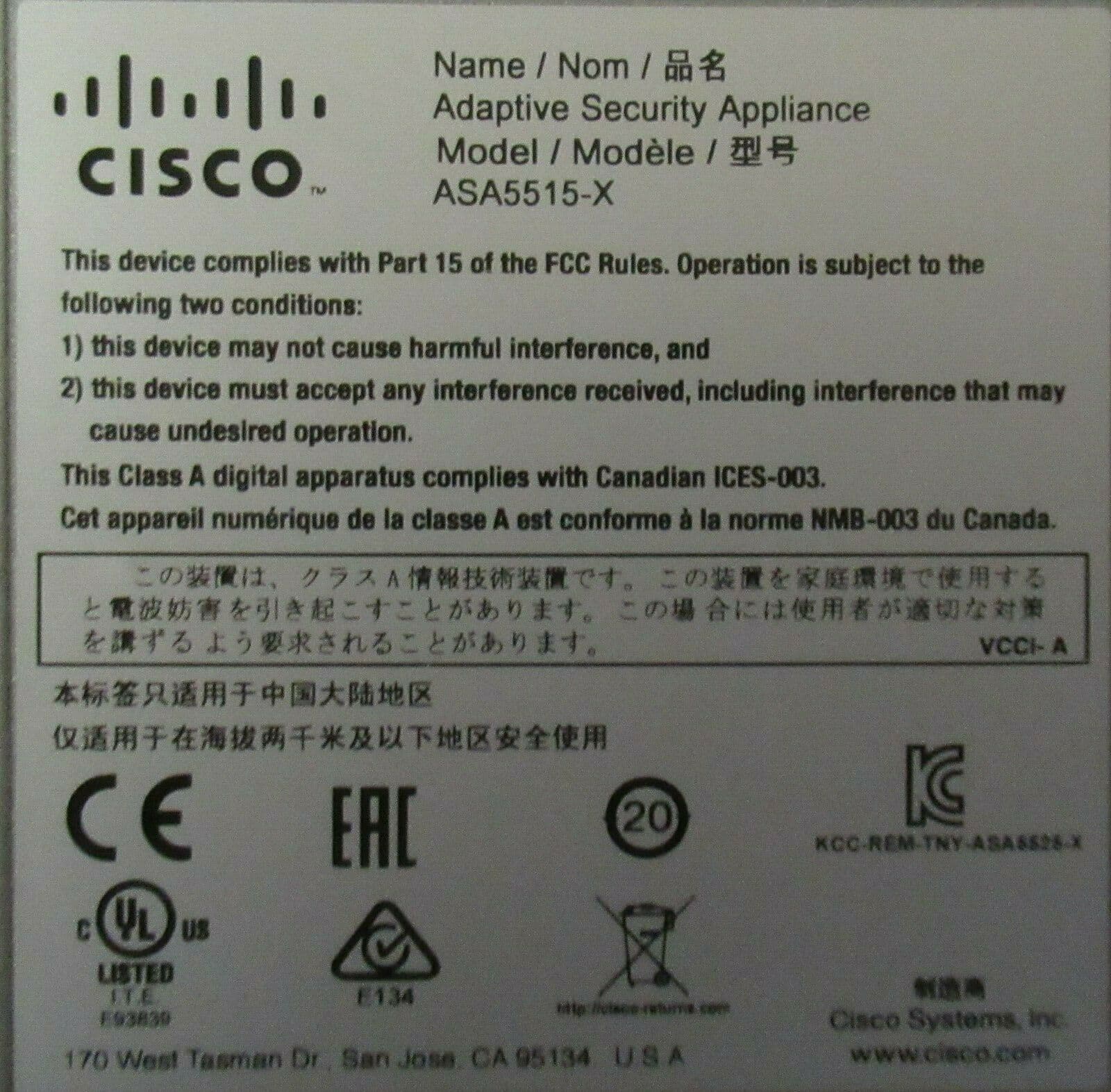 Cisco ASA5515-X ASA5515-FPWR-K9 Adaptive Security Appliance Firewall ...
