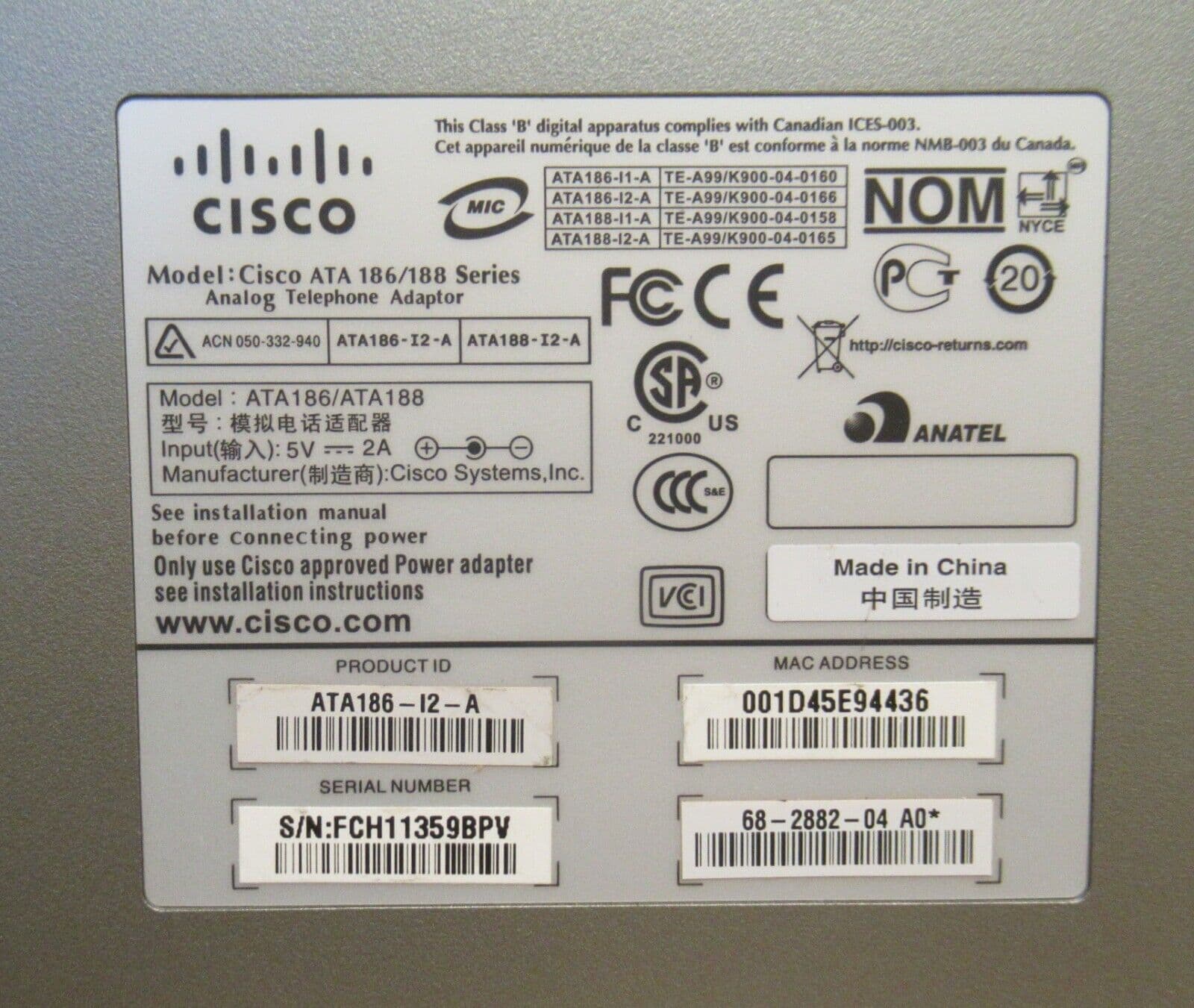 Cisco ATA 186/188 Series ATA186 Analogue Telephone Adapter 68-2882-04 ...